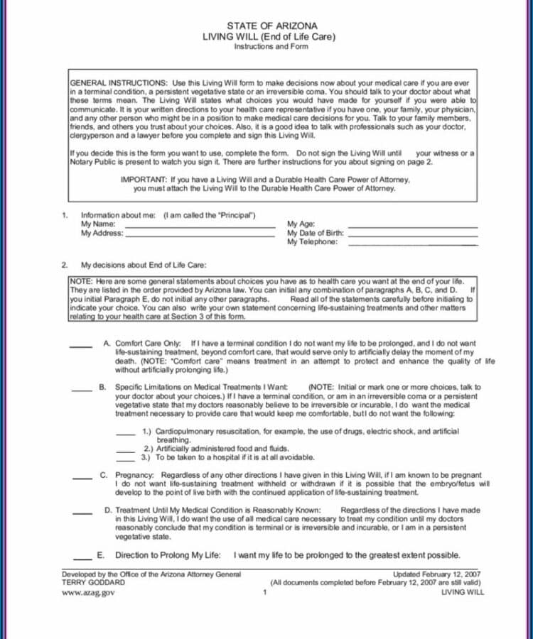 Living Will Advance Directive Template