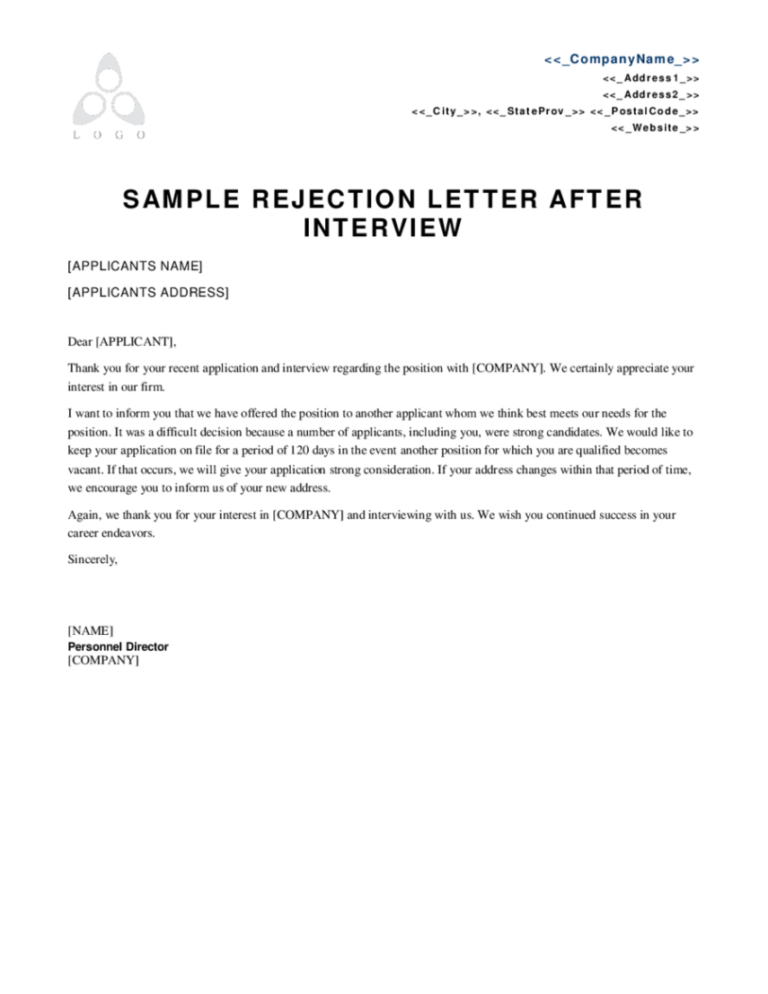 Post Interview Rejection Letter Template