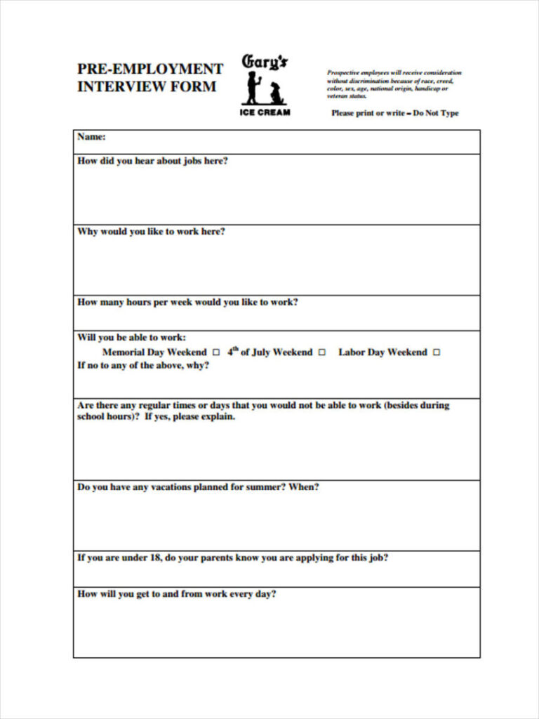Pre Screening Interview Questions Template