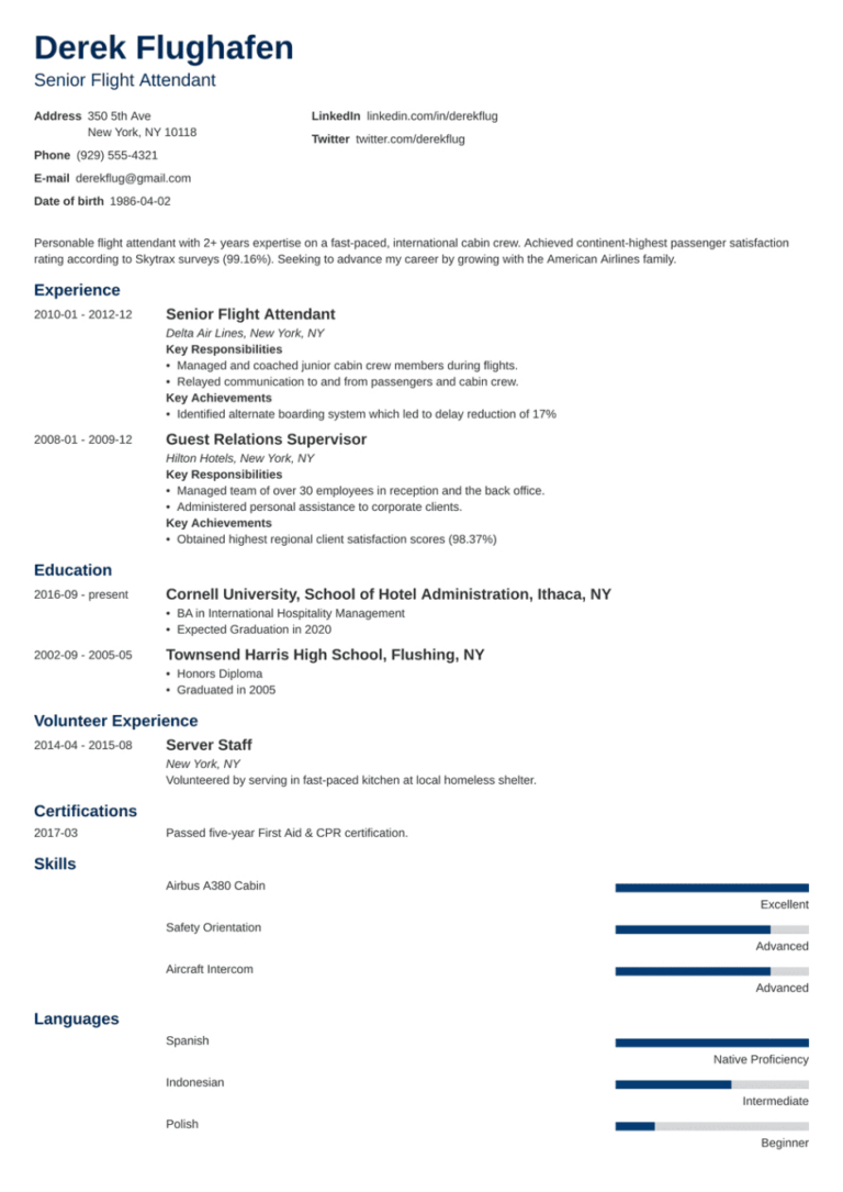 Fresher Cabin Crew Resume Template