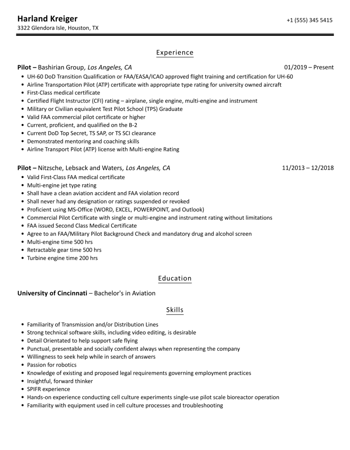 Entry Level Pilot Resume Template