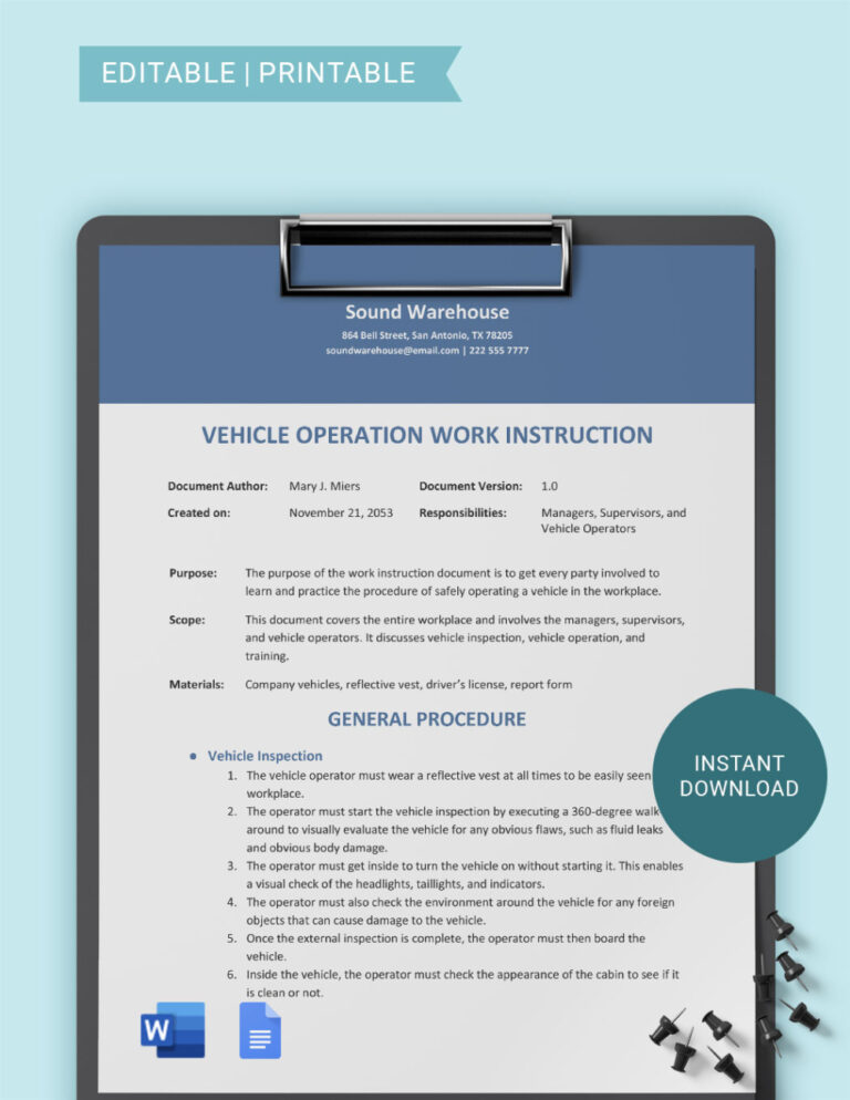One Page Work Instruction Template