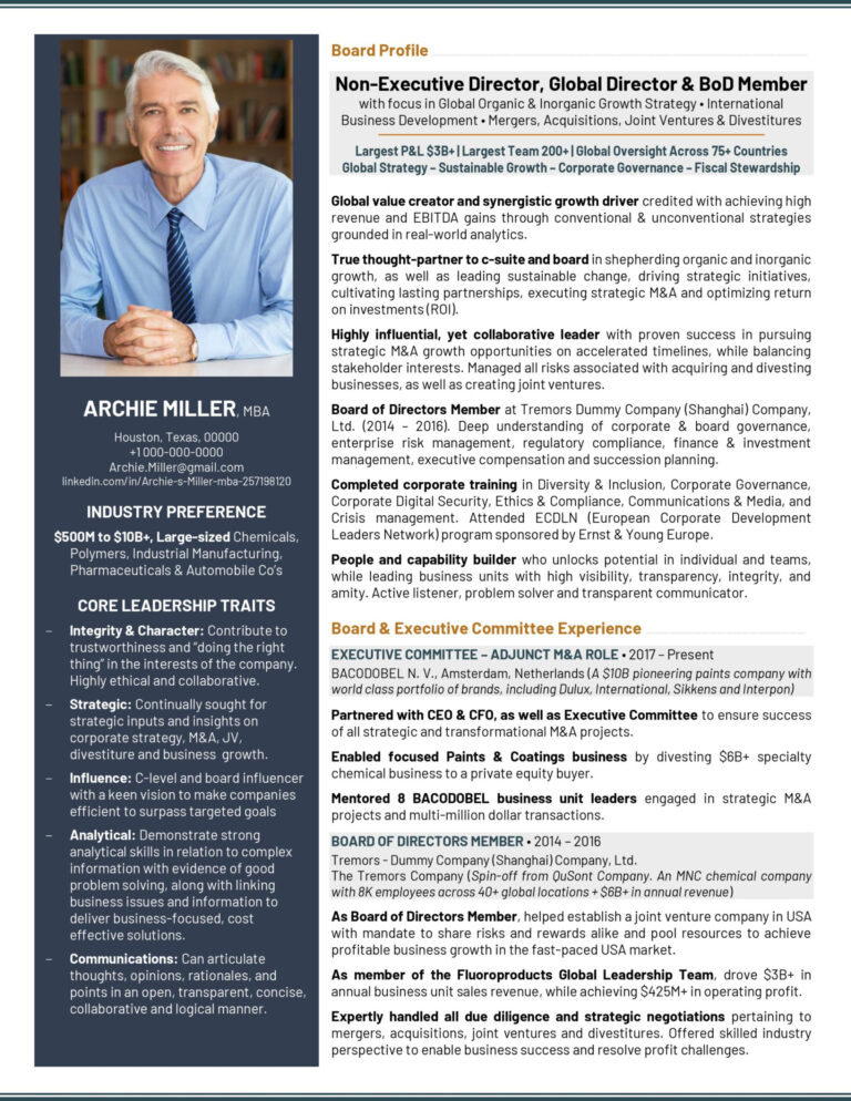 Board Of Directors Resume Template