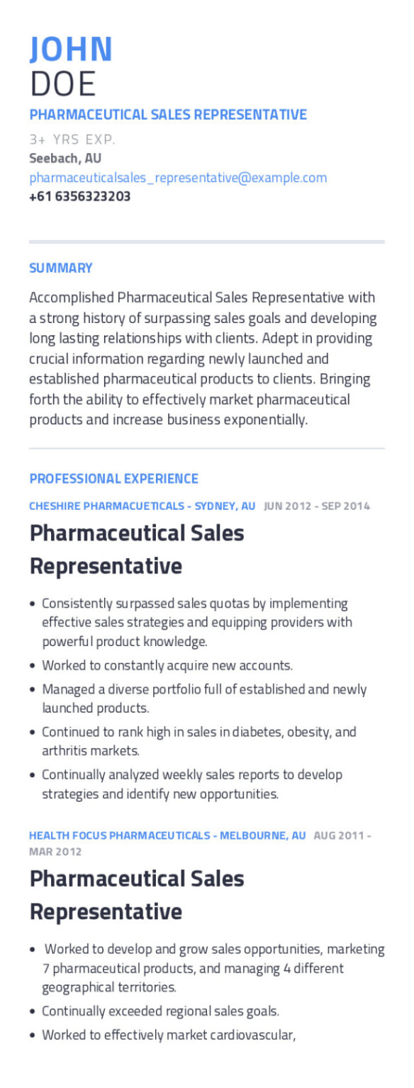 Pharmaceutical Sales Rep Resume Template